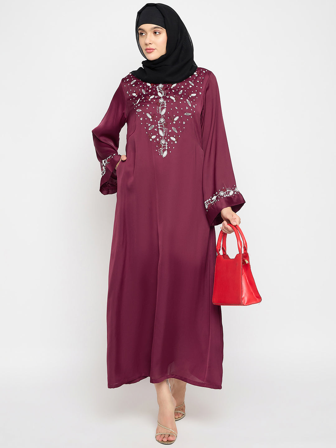 Hand Work Detailing Maroon Solid Luxury Abaya Burqa For Women With Bla ...