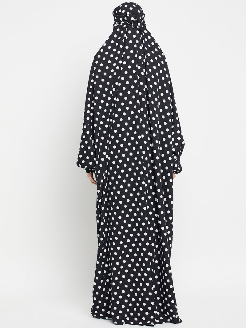 Nabia Black And White Polka Dot Printed Free Size Jilbab Abaya For Gir