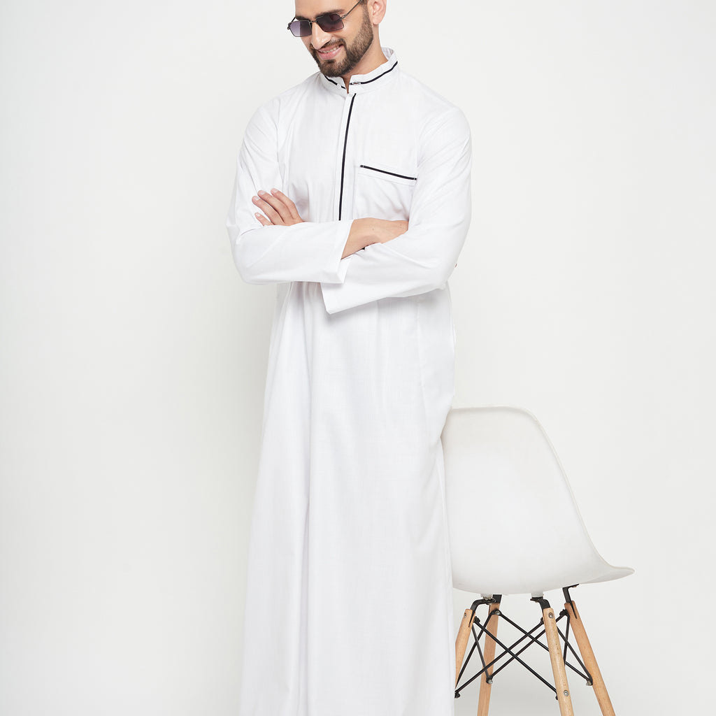 Nabia White Solid Mens Thobe/Jubba with Blue Piping Design